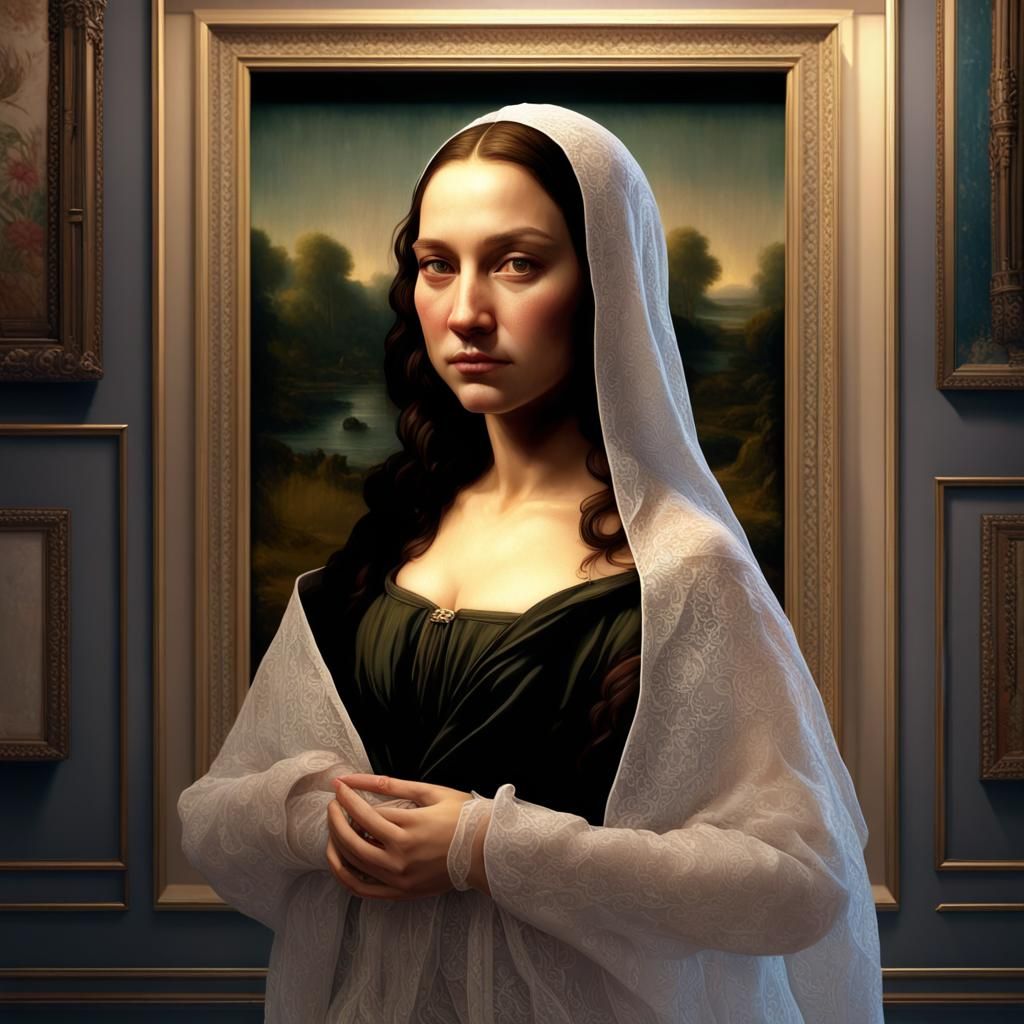 Mona Lisa with an exquisite fine lace scarf - AI Generated Artwork ...