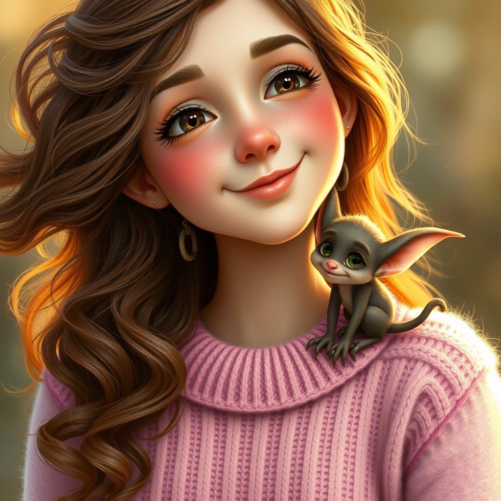 "Cute Imp on a woman's shoulder" - Whimsical Woman and Misch...