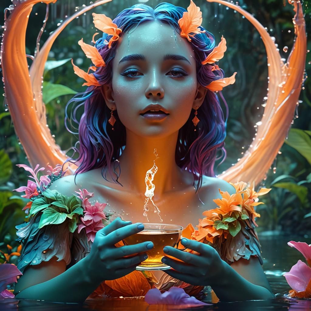 Water Nymph Sipping Elemental Tea - Luminous Water Nymph in ...
