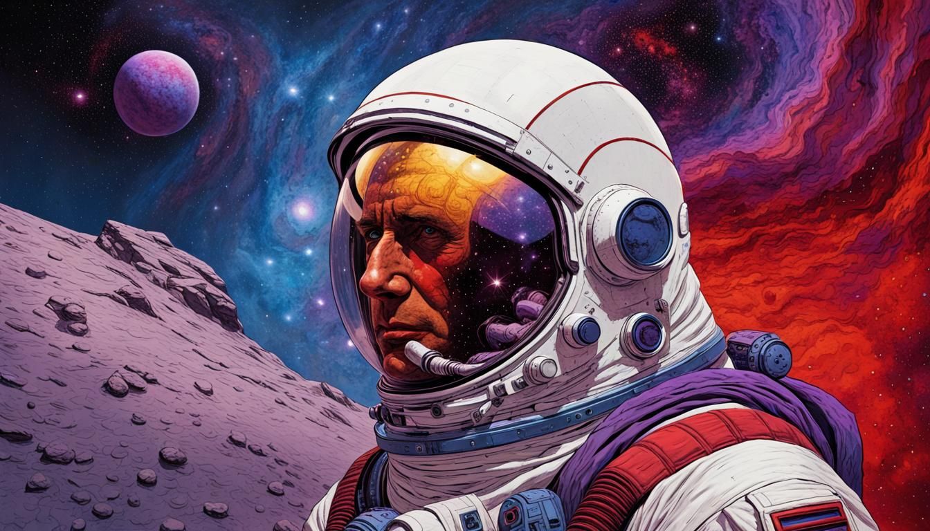 A cosmonaut looks at the vast cosmos, in a galaxy far far away. Golden ...