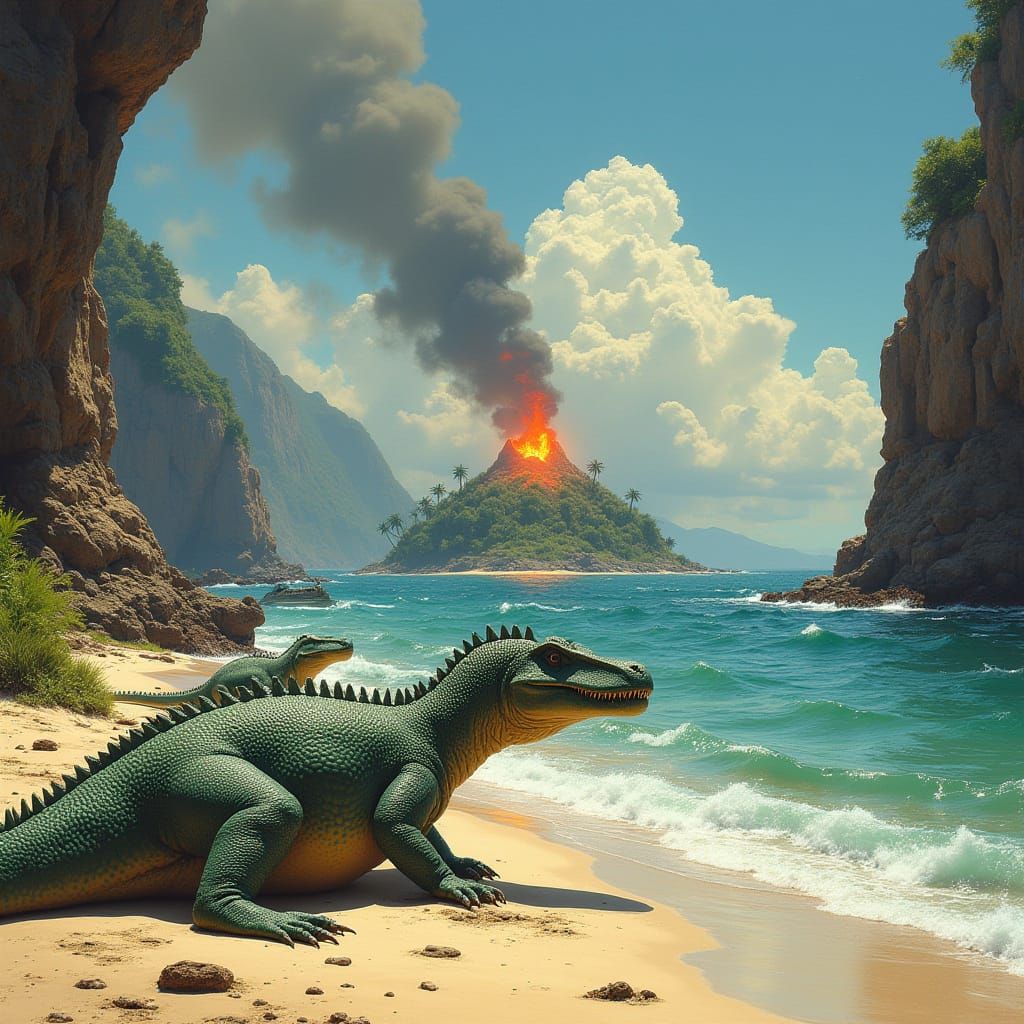 Mosasaurus on Ancient Beach with Rocky Ridges and ... - AI Art