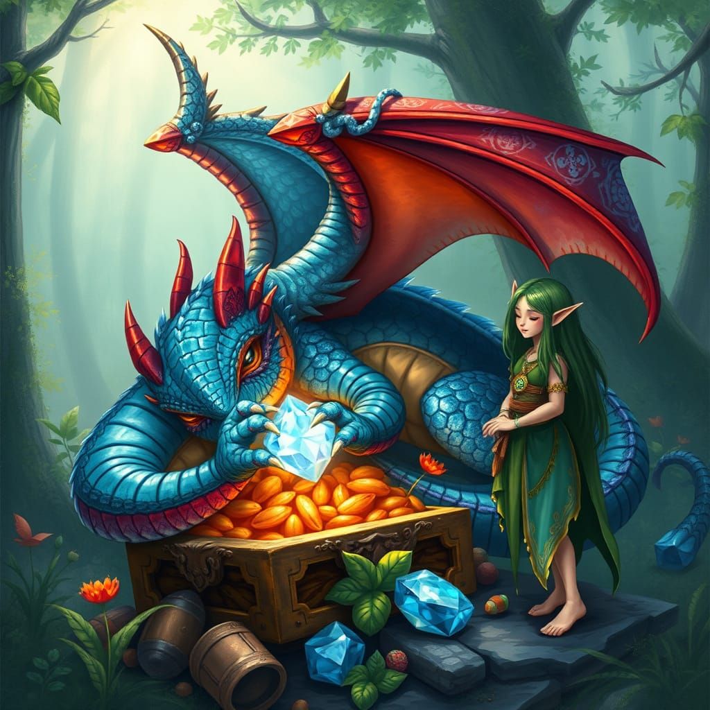 Whimsical Winged Dragon in a Treasure Hoard Scene - AI Art