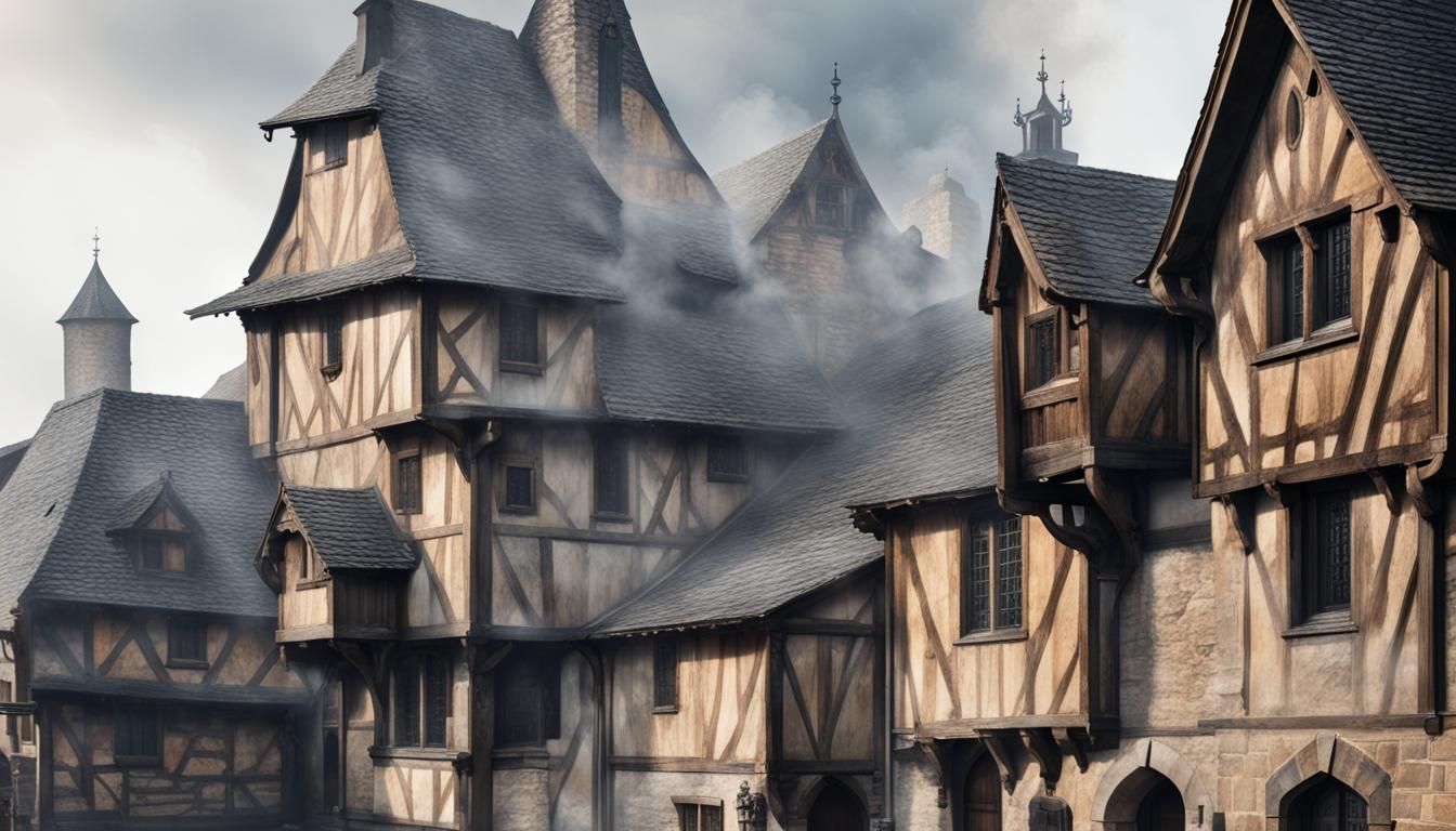 impressive medieval stone building, great doors, rough, jumbled, tall ...