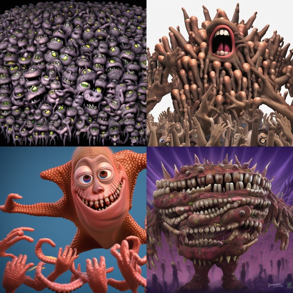 Horrifying monstrosity made of hundreds of human hands, too many teeth ...