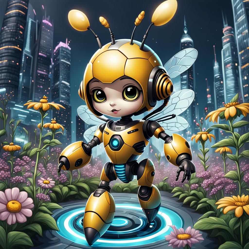 Chibi anthropomorphic bee bots Pollinating a cyber garden flower ...
