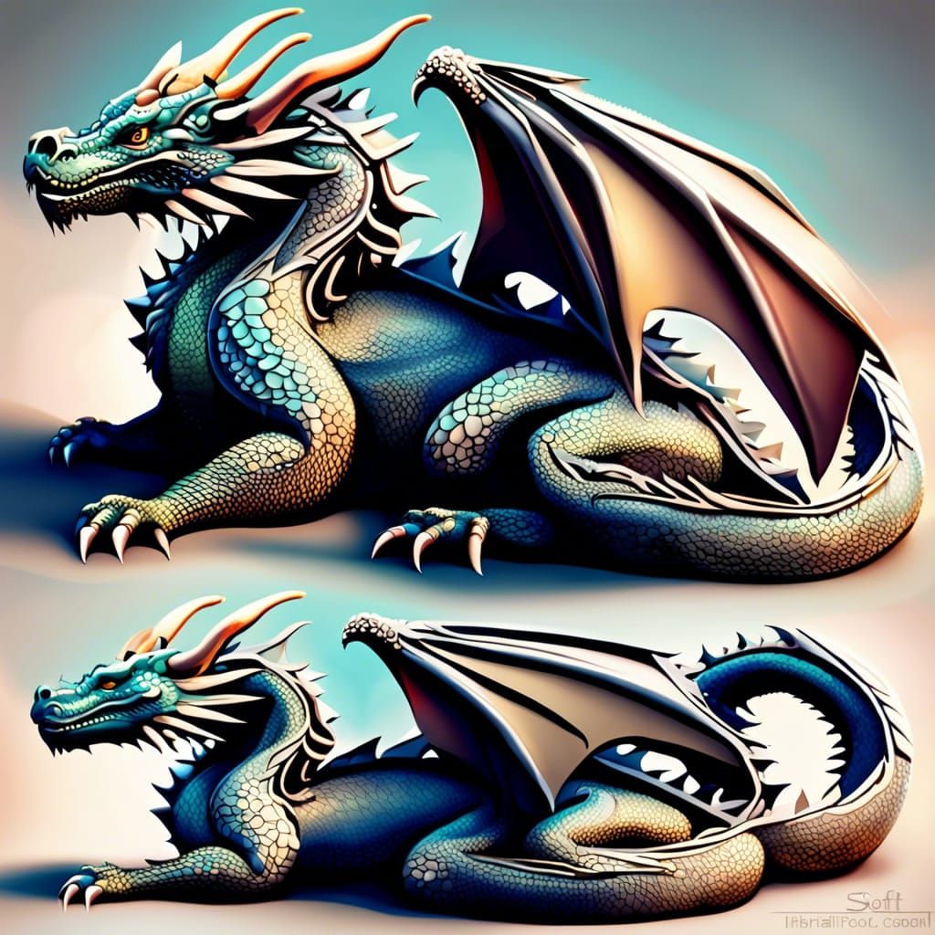 A Dragon, curled up and laying down, resting its head on front legs ...