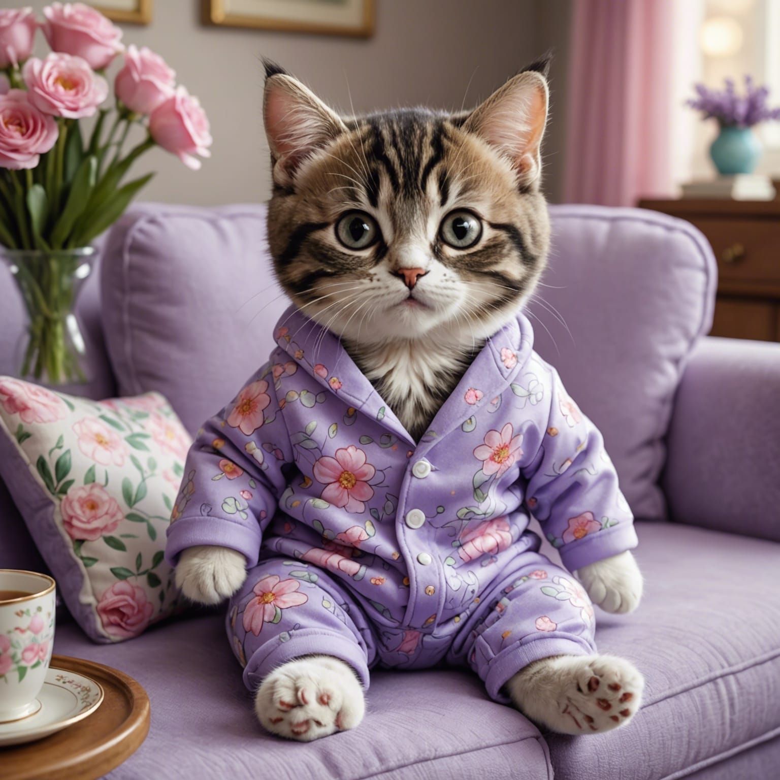 A cute cat wearing pajamas and sitting on the couch - AI Generated ...