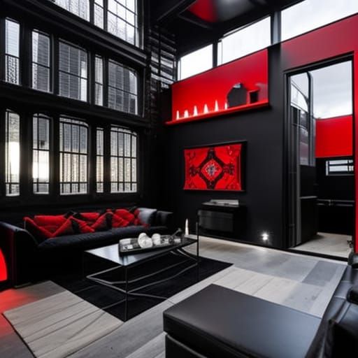 Gothic Dark fantasy loft Apartment with black and red walls& ethereal ...