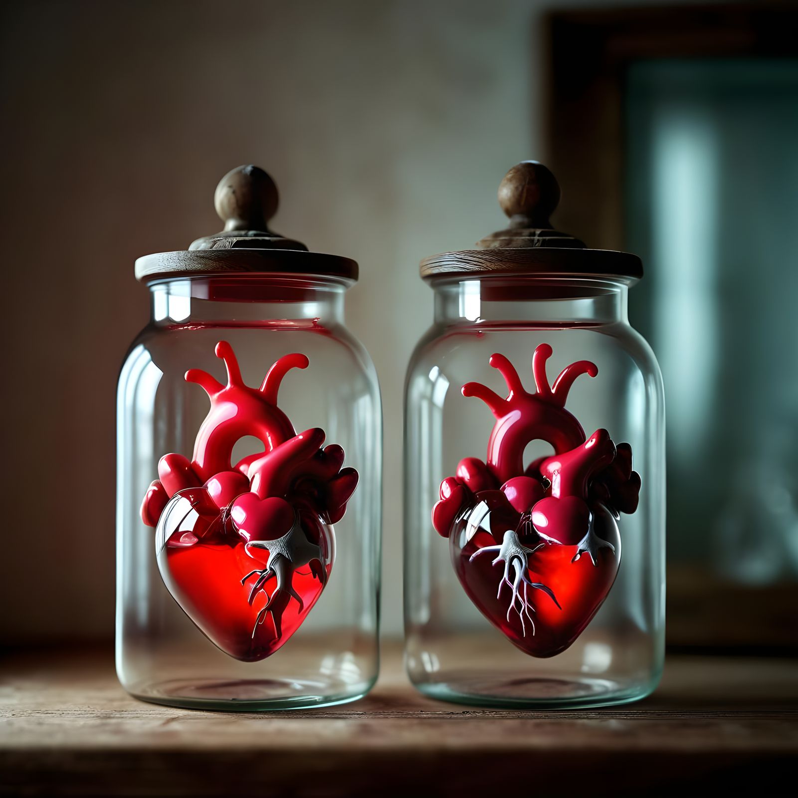 Two anatomically correct hearts floating in liquid inside glass jars on ...