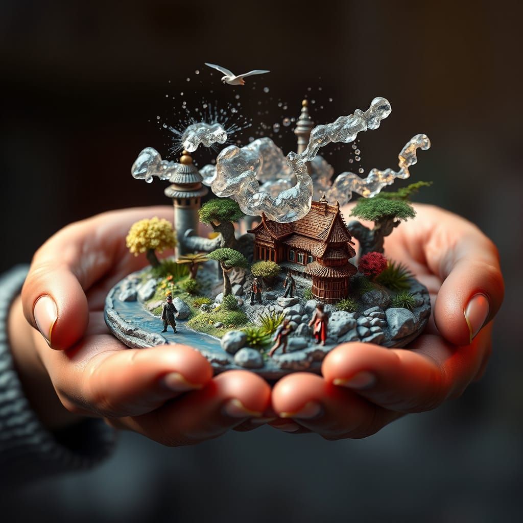 Miniature World on Human Hands: Detailed Matte Pai... - AI Art