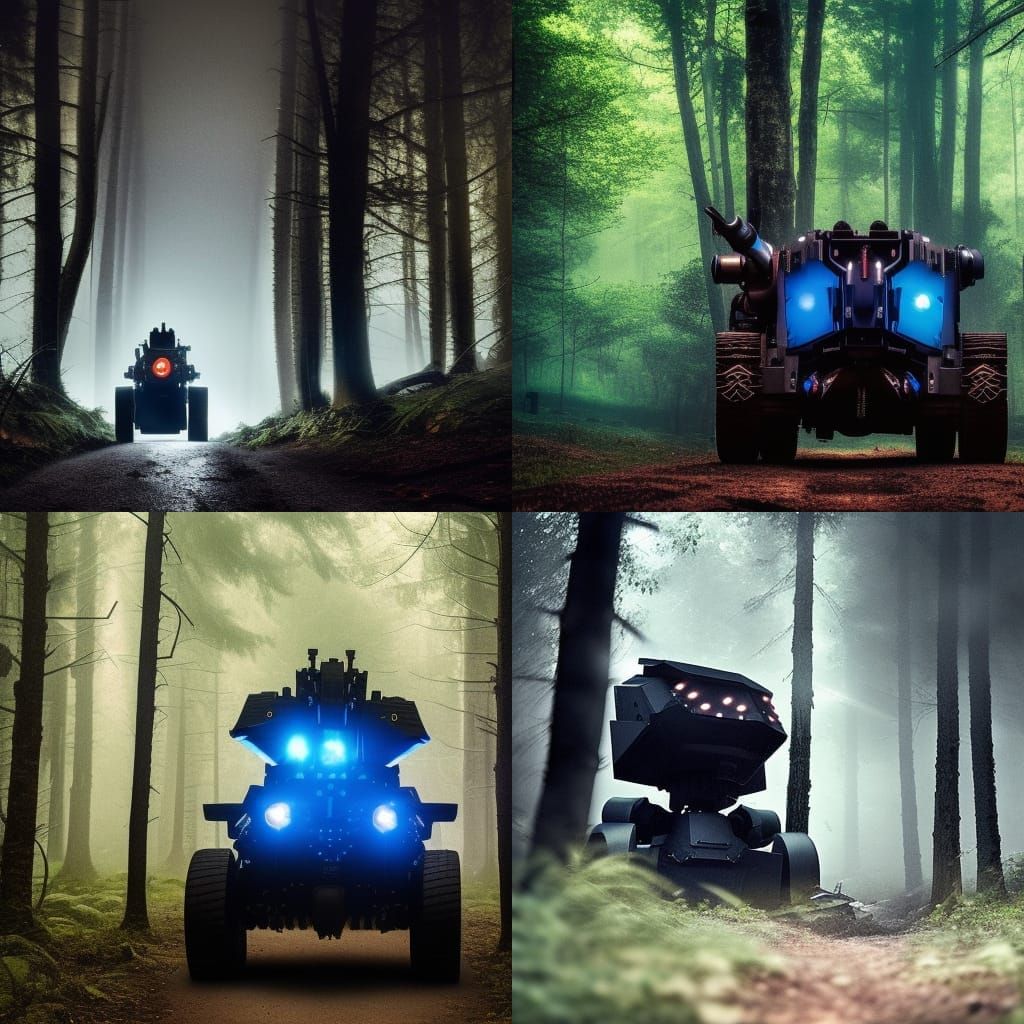 Heavily armored mech machine walking towards us in a dark forest ...