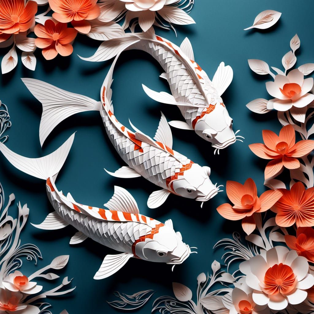 Kirigami koi fish - Elegant Kirigami Koi Fish with Intricate...
