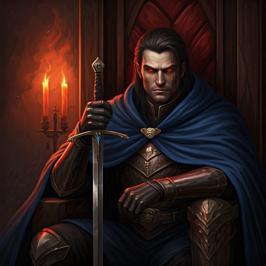 A red-eyed commander wearing a Blue cloak sits on a throne, resting his ...