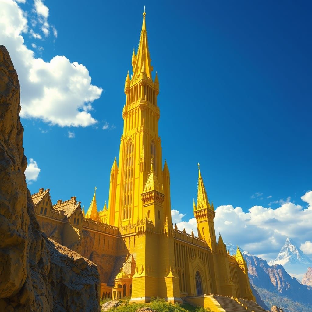 Surreal Yellow Castle Touches Cloudless Blue Sky i... - AI Art