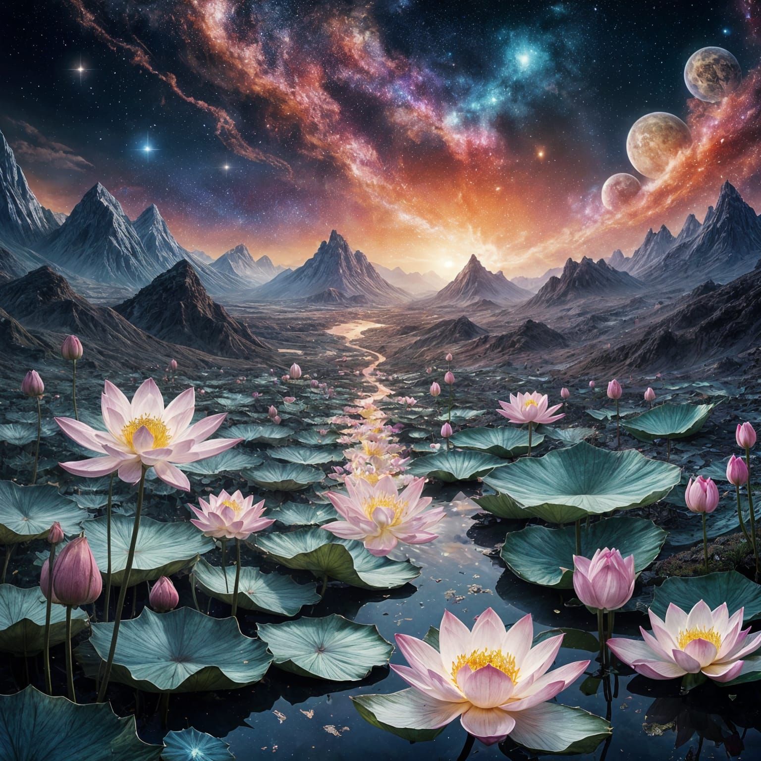 Cosmic path made of lotus flowers - Cosmic Lotus Road to In...