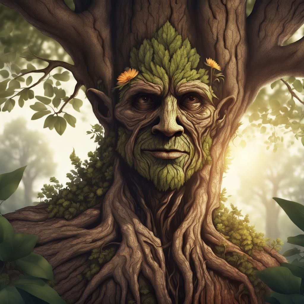 A detailed portrait illustration of a Treeman growing into a tree trunk ...