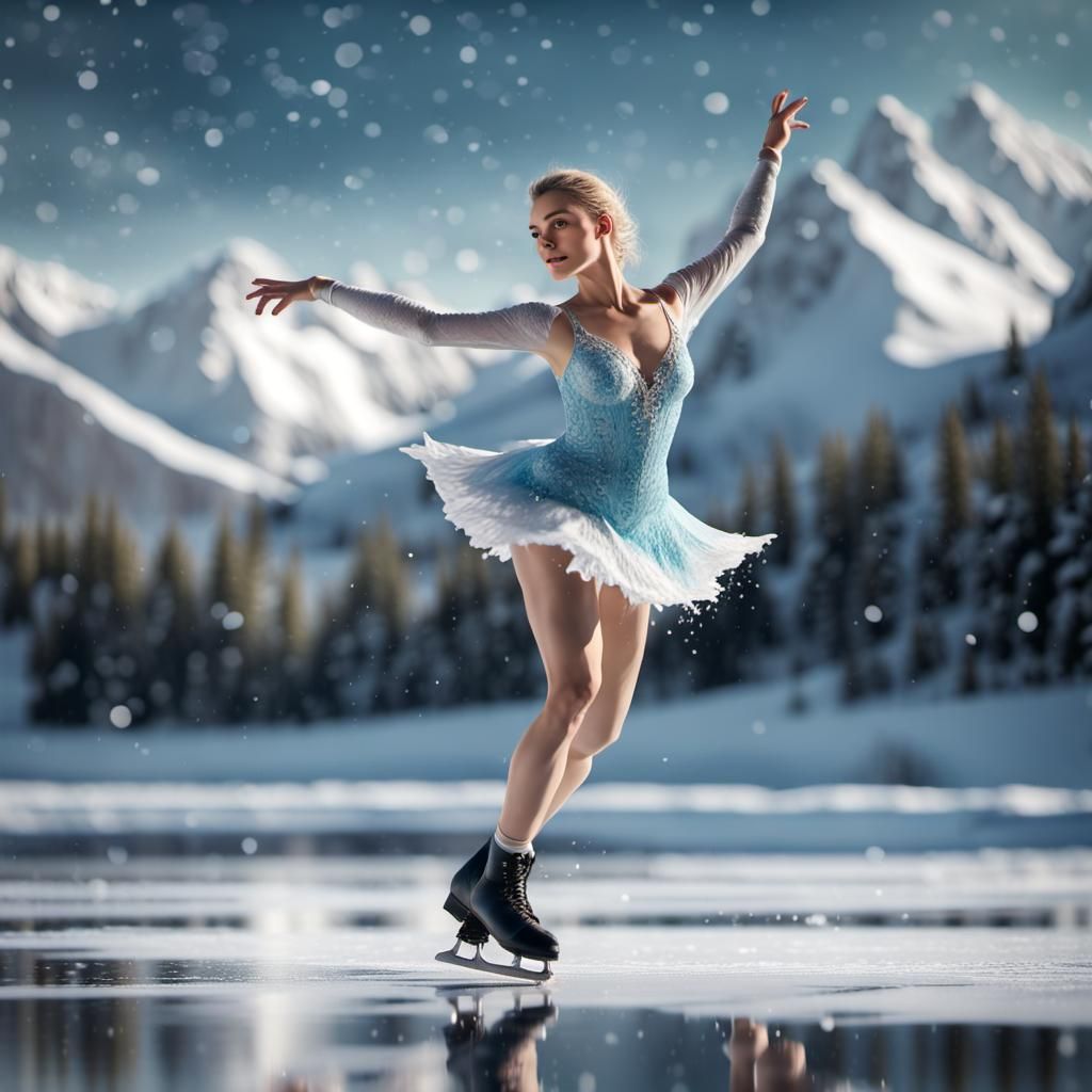 Beautiful ice skater skating in frozen lake surrounded by snow ...
