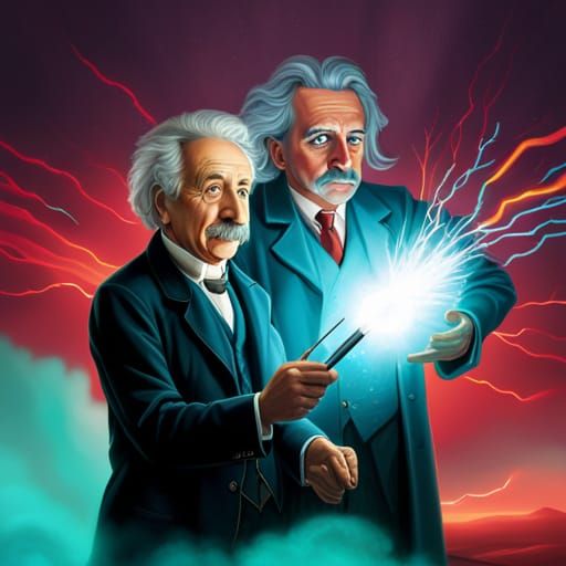 albert einstein and nicolas tesla charging their hair with a tesla coil ...