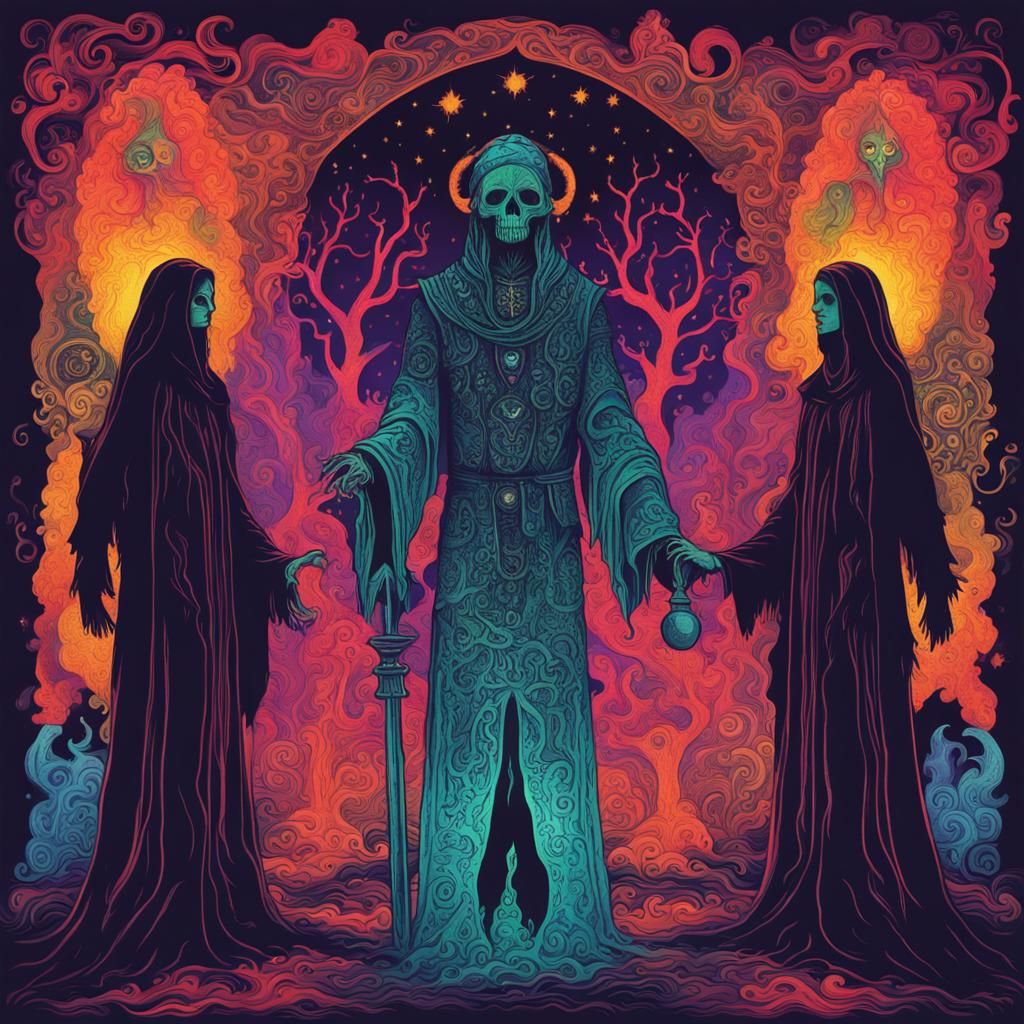psychedelic colorful silhouette psychic necromancer medieval dark ...