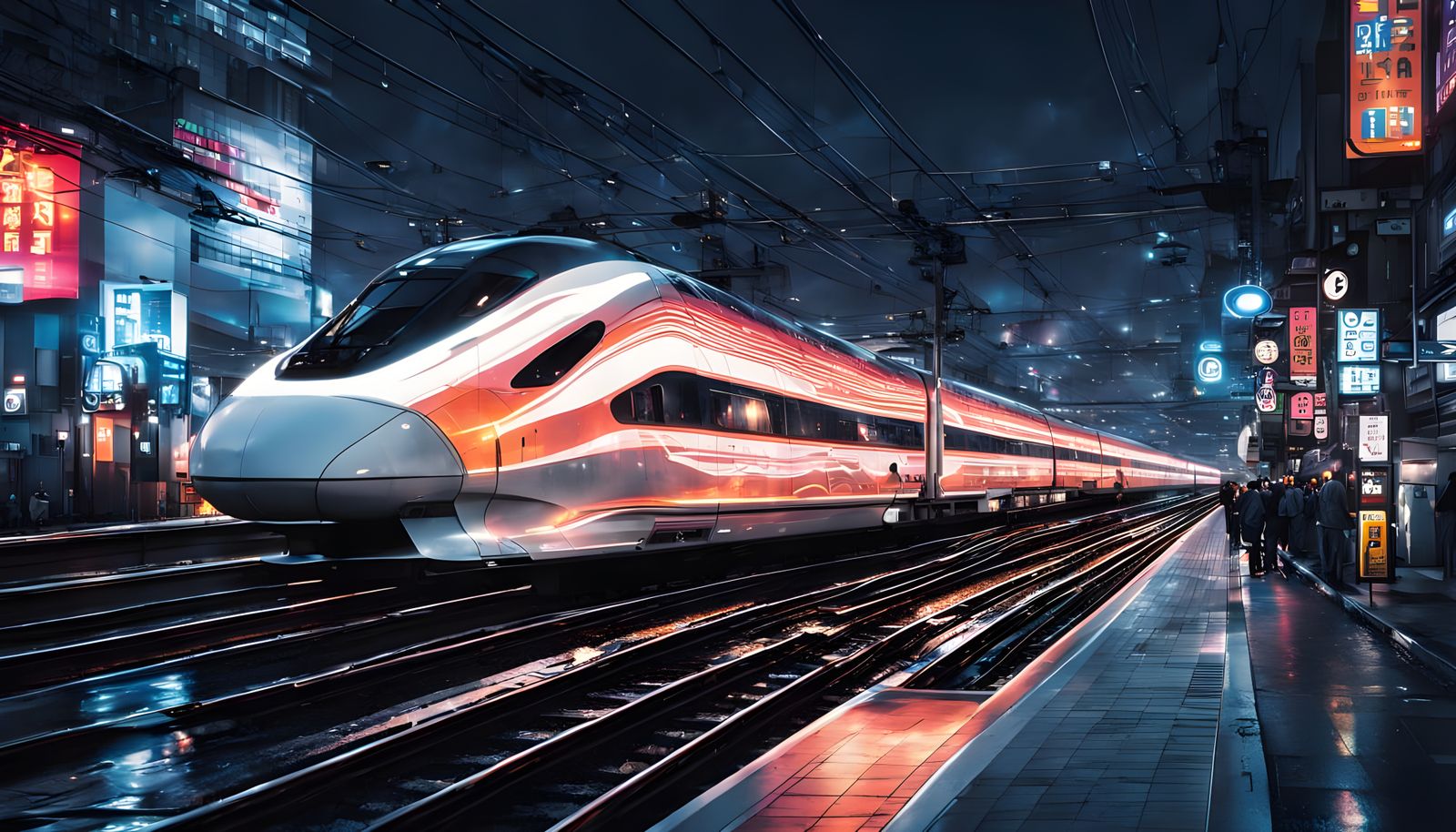 “A sleek and futuristic Shinkansen Nozomi bullet train speeds through a ...