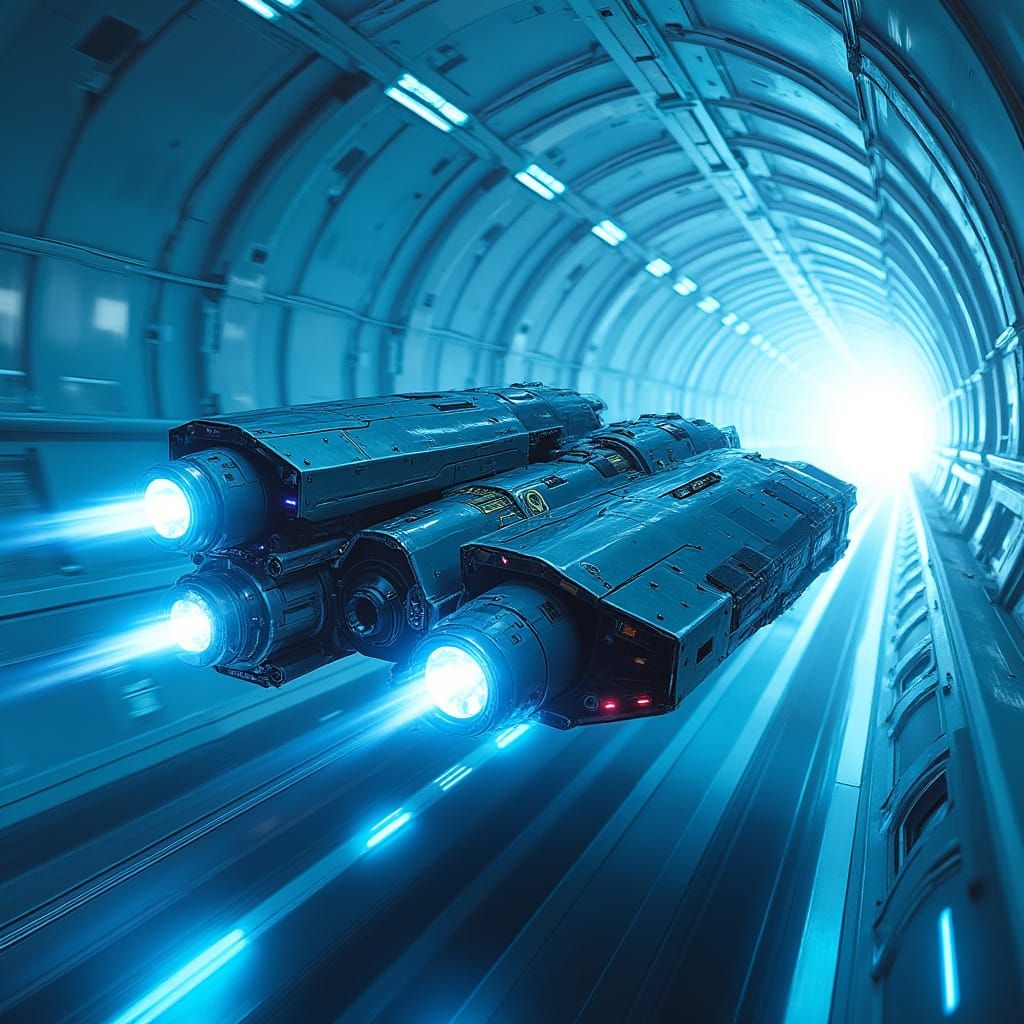 Futuristic Spaceship Blasts Through Neon Cube Tunn... - AI Art