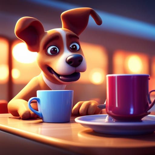 Detailed image of a dog drinking coffee in a cafe - AI Generated Artwork - NightCafe Creator