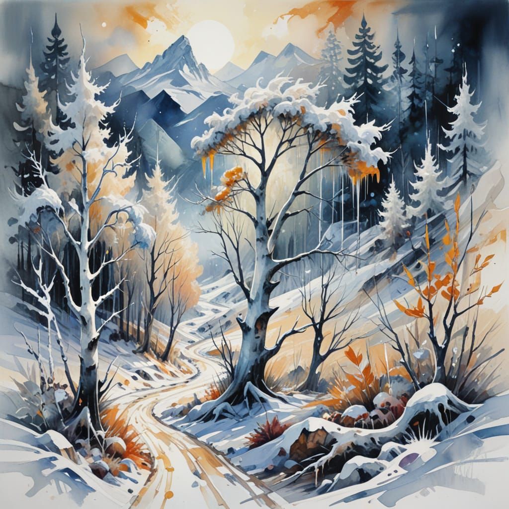 Winter Landscape in Abstract Expressionist Style - AI Art