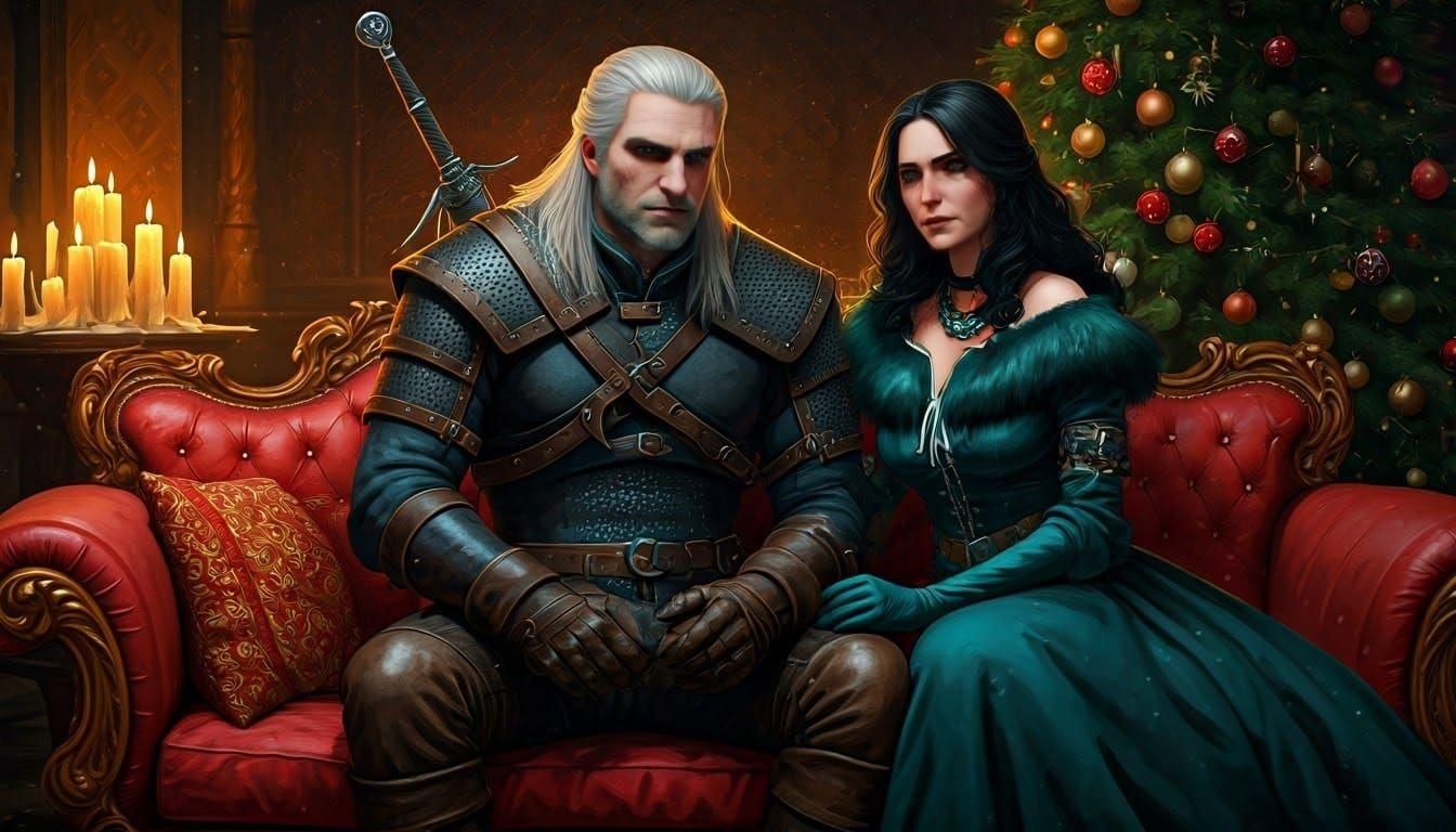 The Witcher and Yennefer at Christmas with presents