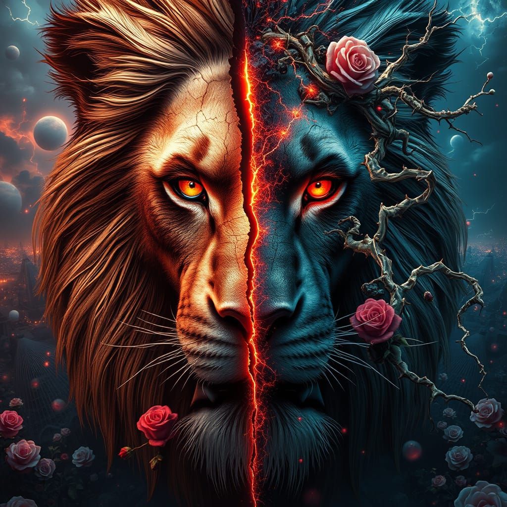 Surreal Lion Portrait in Hyper-Detailed, Fractured... - AI Art