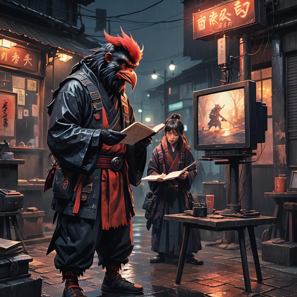 Tengu Presents Journal on TV in Moody Urban Settin... - AI Art