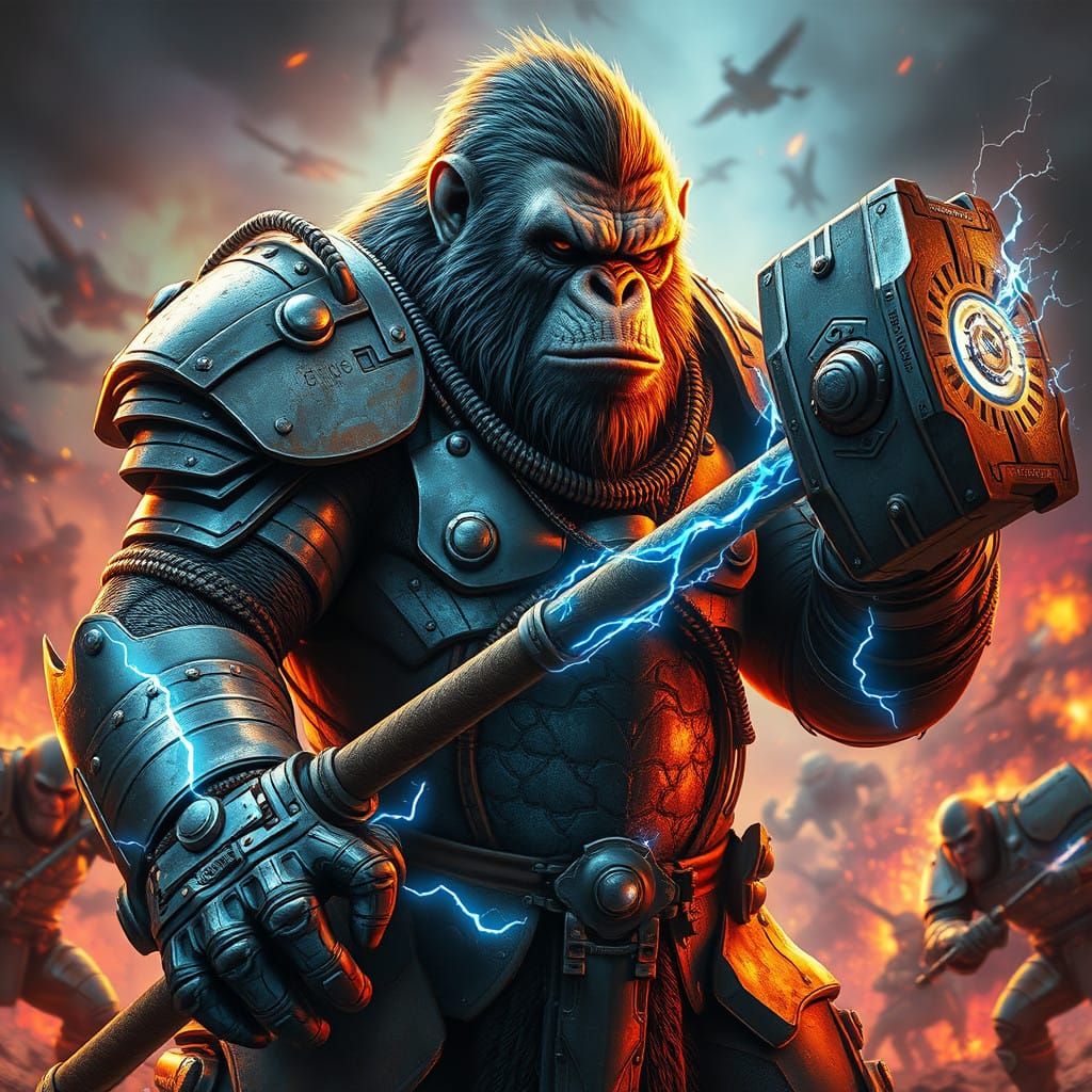 A 15 foot tall ape like warrior in futuristic armor and a energy war ...