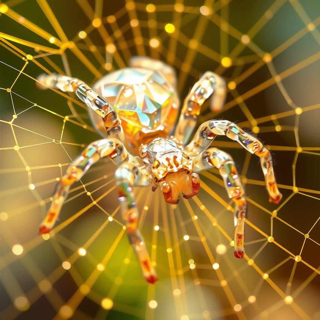Crystal Tarantula Weaves Golden Web in Dreamlike L... - AI Art