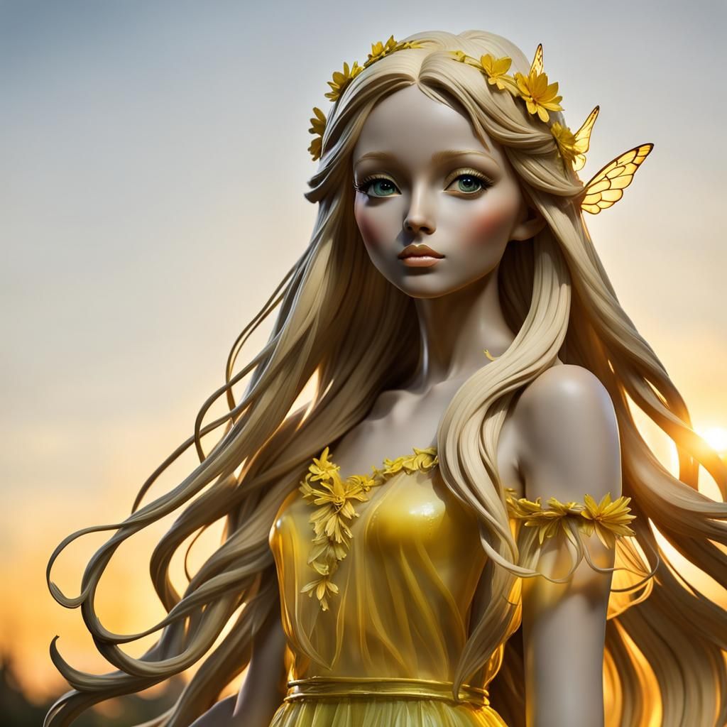 A well defined sculpture of a beautiful sunshine young fairy with a ...