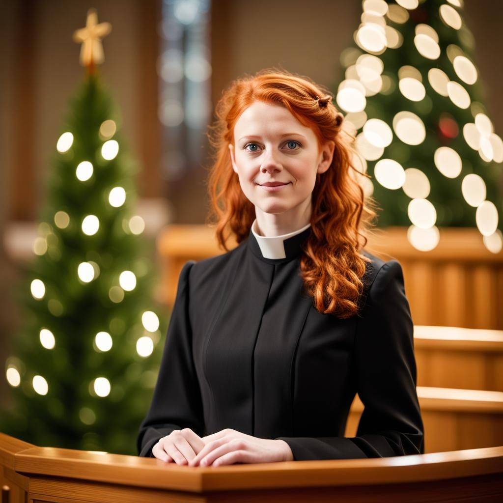Ginger haired young lady vicar in modern church pulpit with Christmas tree - AI Generated ...
