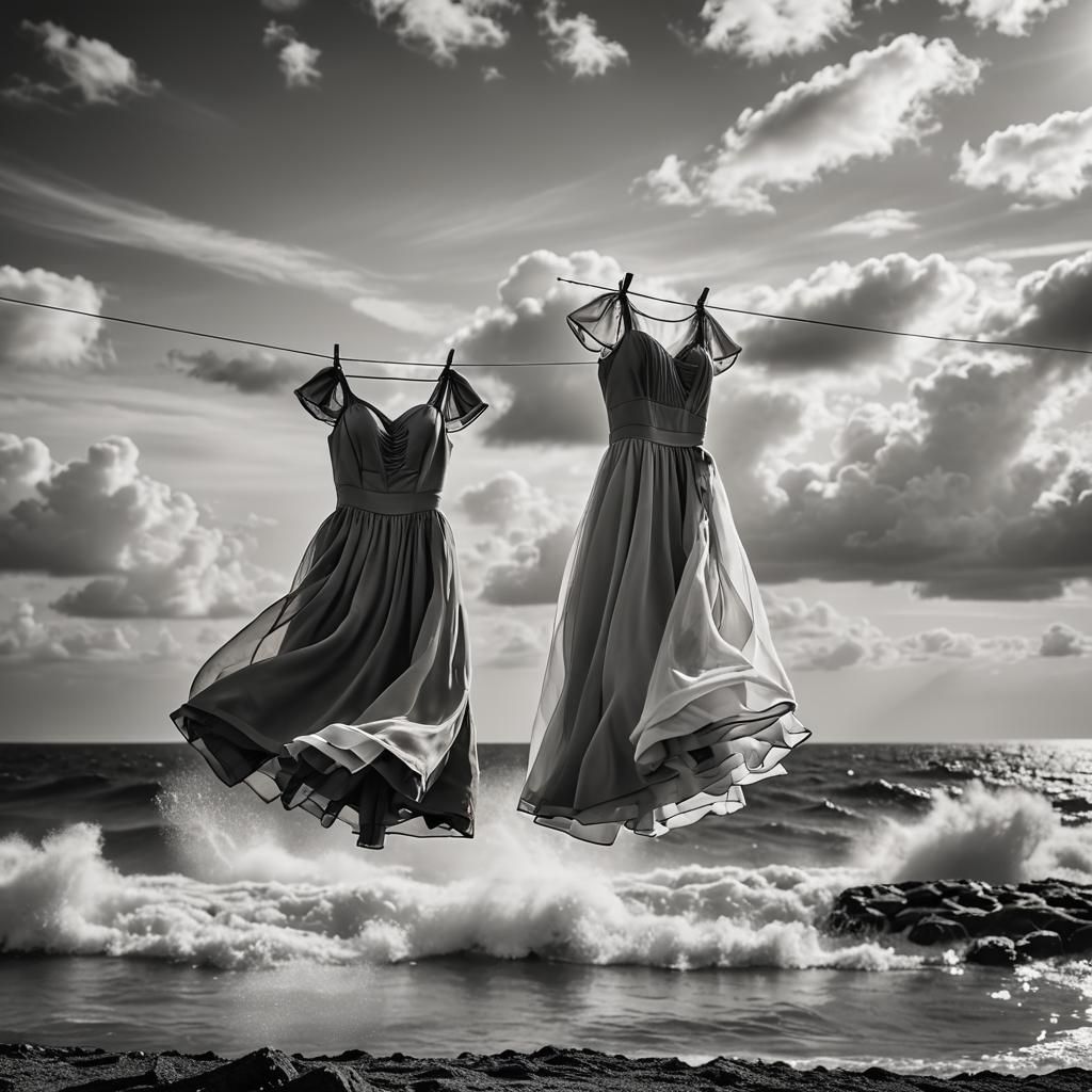 photo of two fine waving dresses on a clothesline dancing, moving and ...