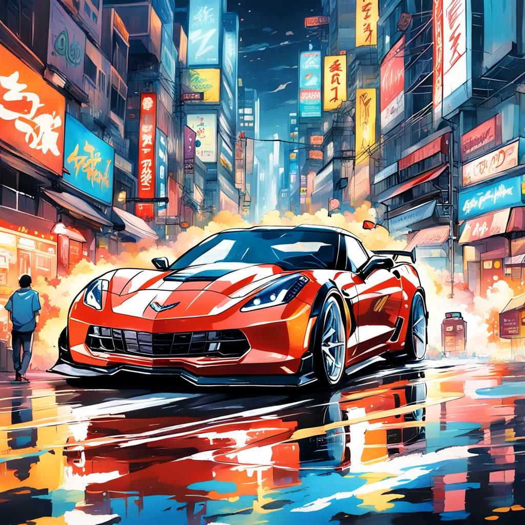 Corvette Street racing in city, graffiti art, splash art, street art ...