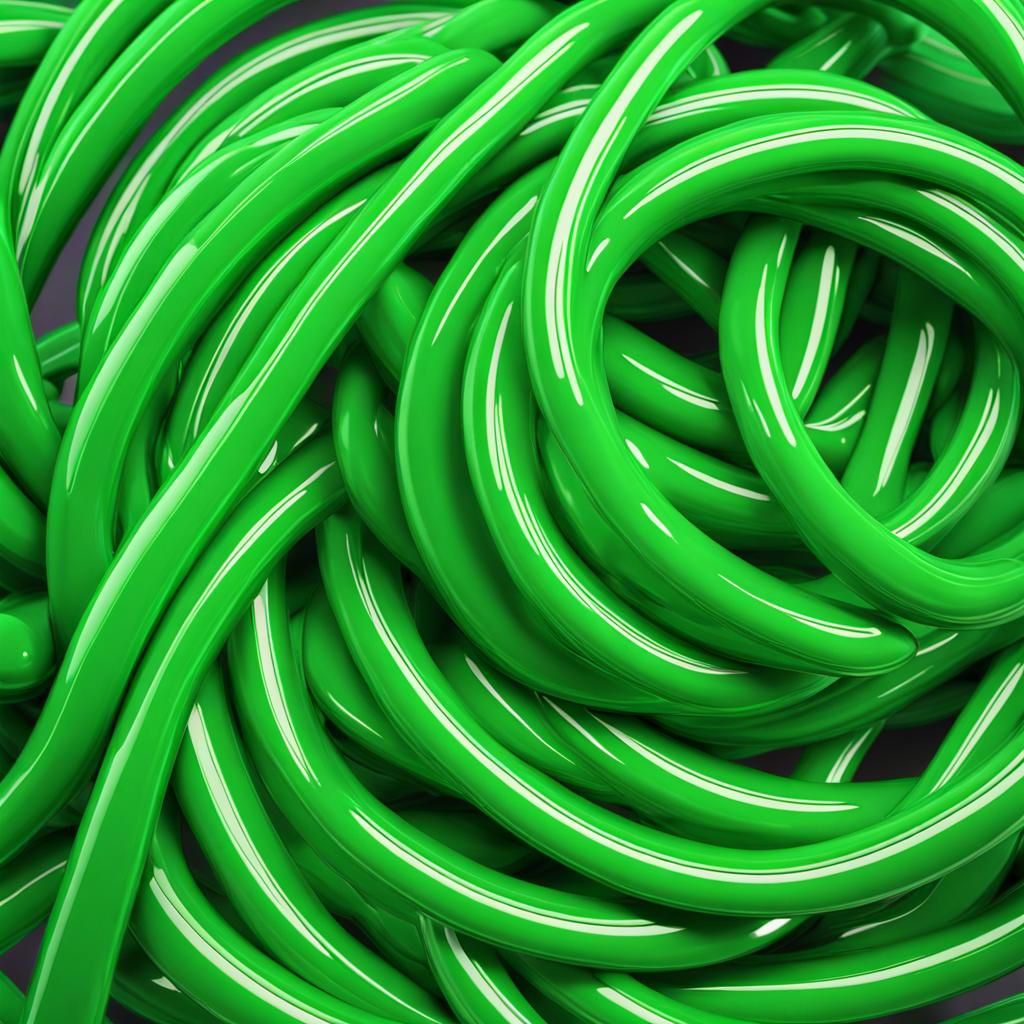 Smooth green shiny silicone noodles, maximalist, homogeneous lighting ...