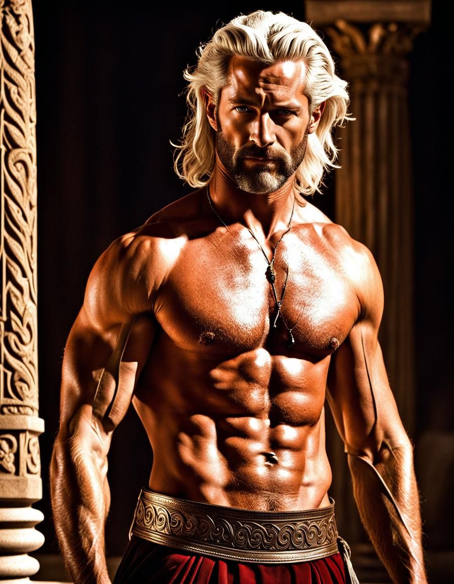 Ian Bohen as a greek god Zeus in sword and sandal movie, striking a pose, white hair beard ...