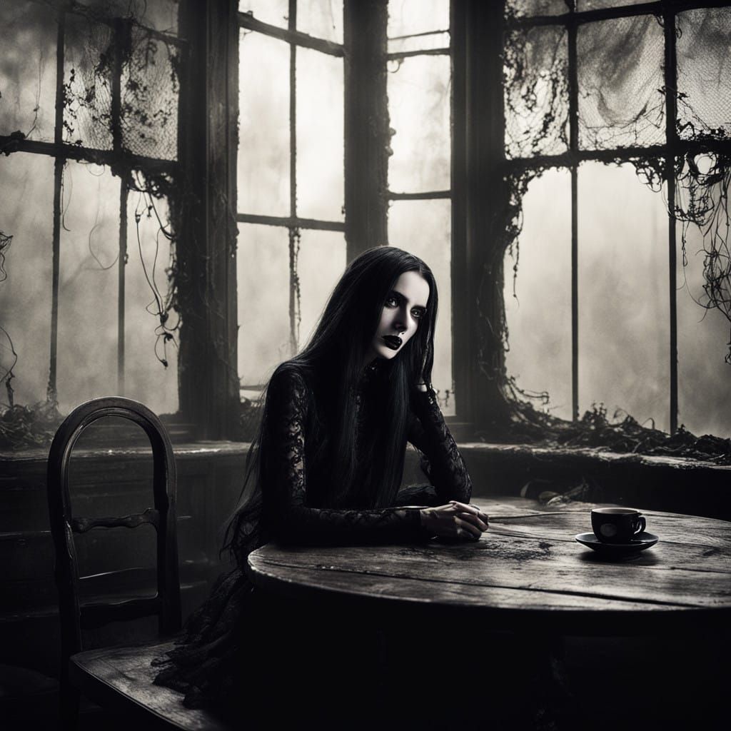 Gothic Romance in a Dark, Gritty Coffee Shop - AI Art