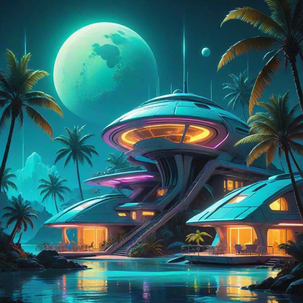 Futuristic Alien Outpost Under Full Moonlit Caribb... - AI Art