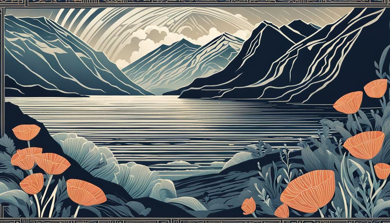 woodcut art deco fjord - Surreal Art Deco Fjord Woodcut Mast...