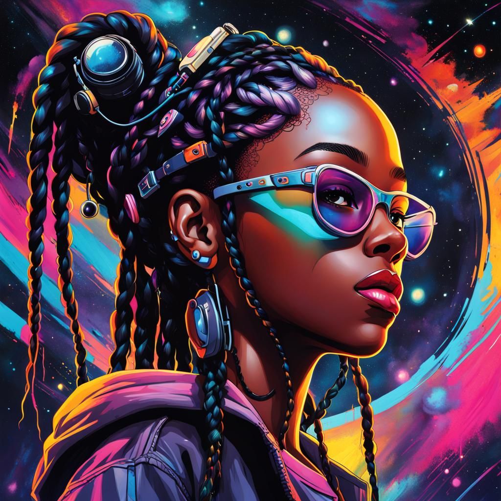 A black teenage girl with long braids, wearing techy cyberpunk clothing ...