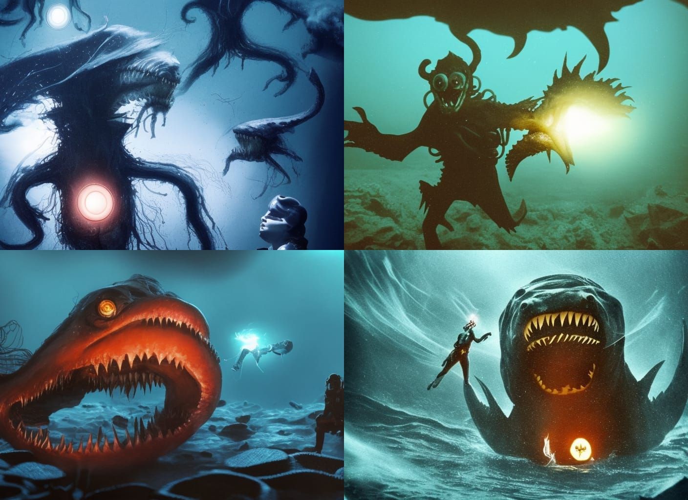 a deep sea diver with a light in the depths of the dark sea of ...