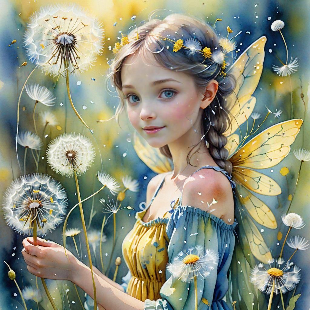 Dandelion Fairy - Fairy Perched on a Golden Dandelion
