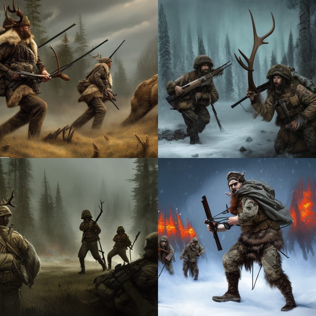 modern soldiers with rifles, dressed to resemble scary Norse shamans ...