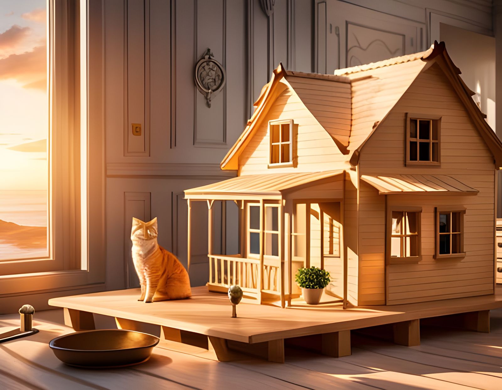 A tabby cat guards a highly detailed dollhouse - AI Generated Artwork ...