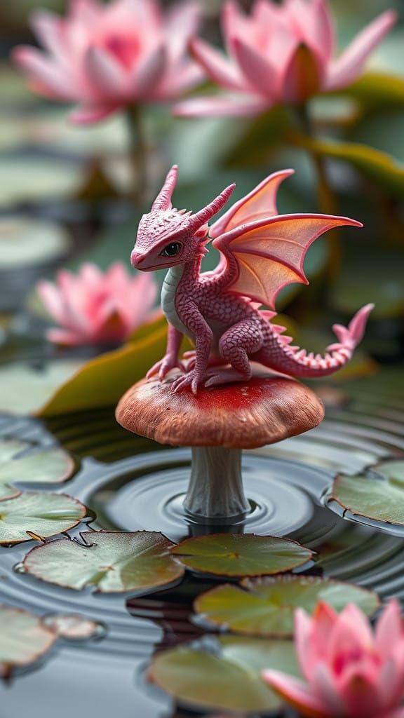 Delicate Pink Dragon Perched in a Lush Water Lily ... - AI Art