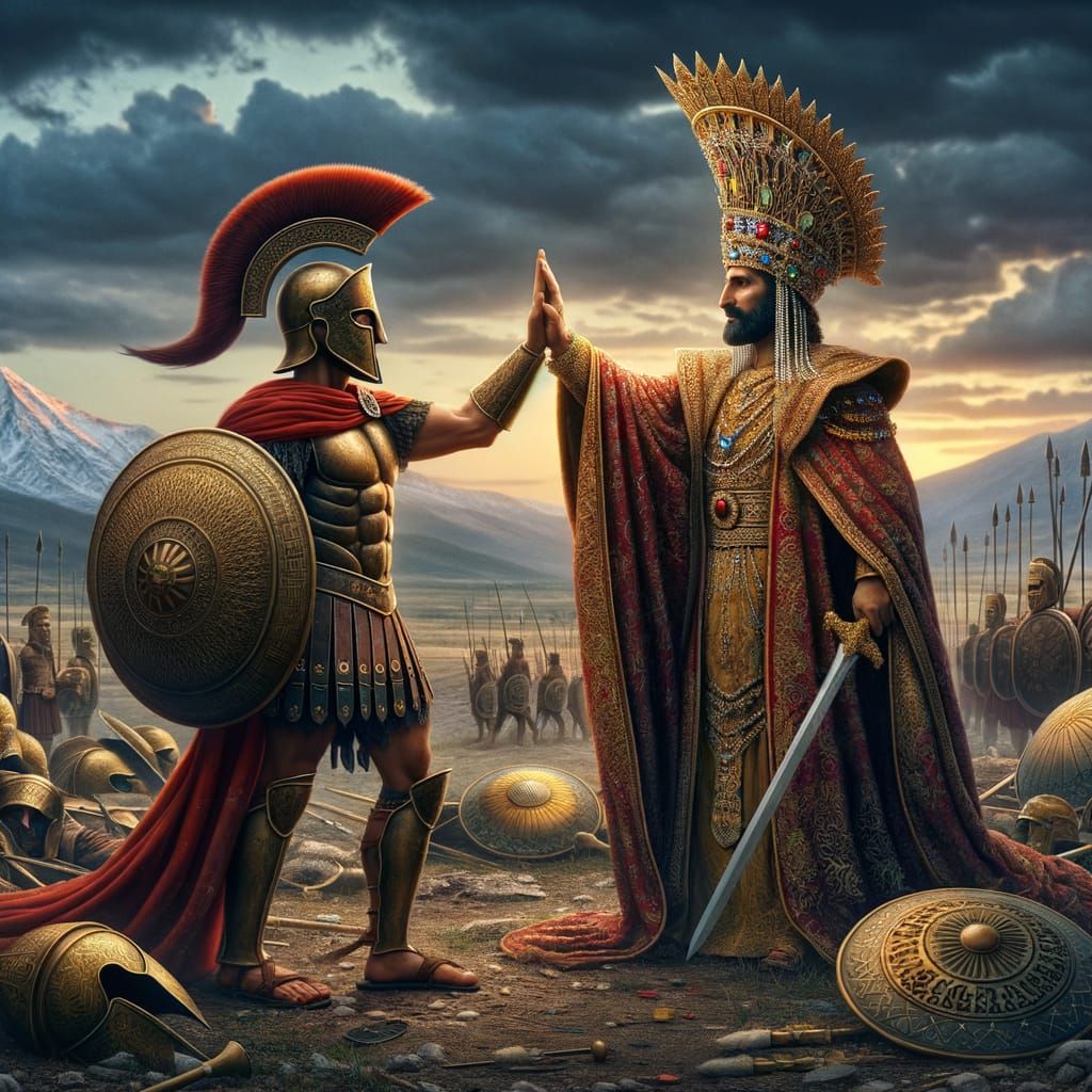 Spartan king Leonidas giving Persian king Xerxes a high-five - AI ...