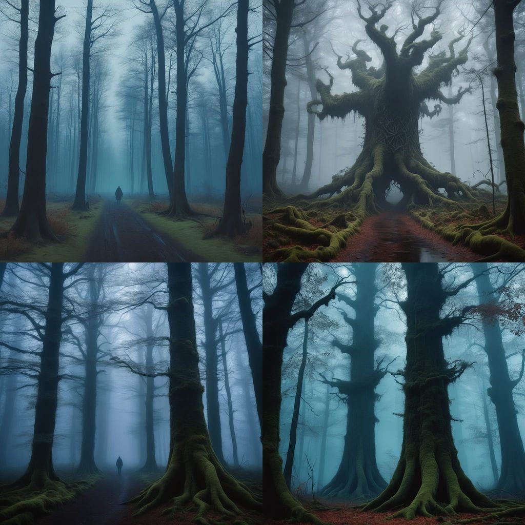Dark Mystical Forest Cloaked in Suffocating Fog - AI Art