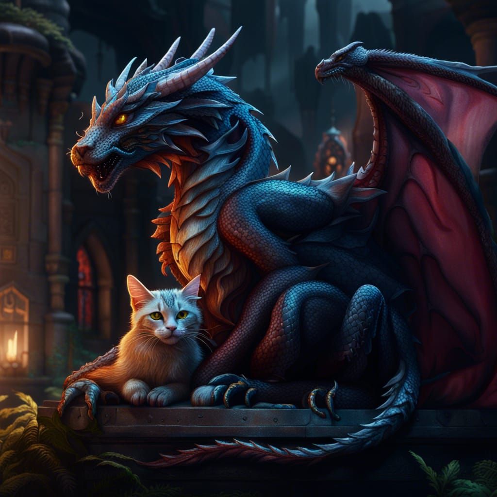 dragon cuddling with a cat - AI Generated Artwork - NightCafe Creator